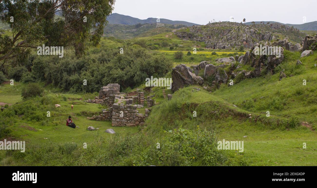 inca masonry monkey temple from the top cusco peru Stock Photo - Alamy