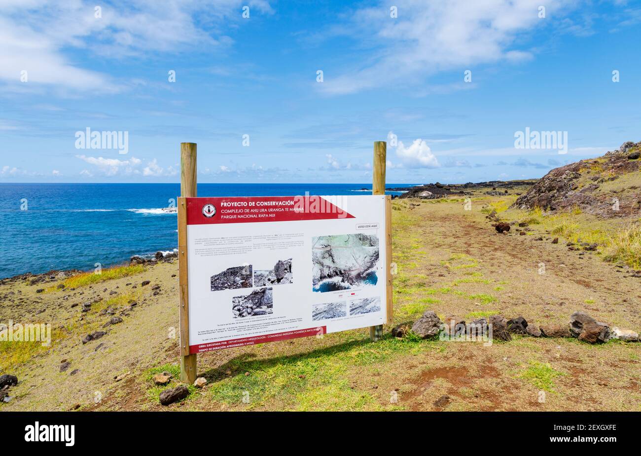 Ahu Akahanga on the south coast of Easter Island (Rapa Nui): sign with ...