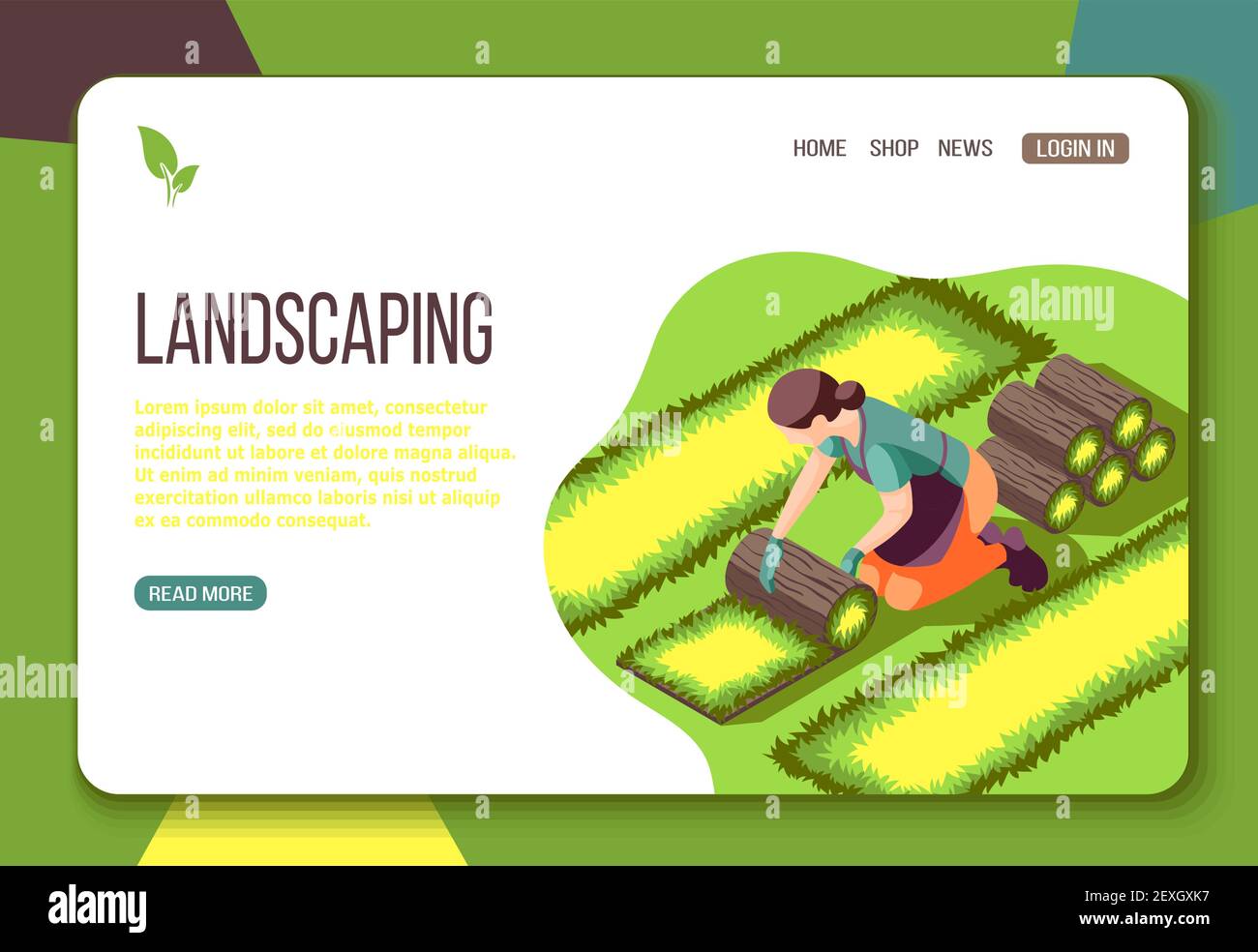 Landscaping isometric web landing page with laying lawn and interface ...