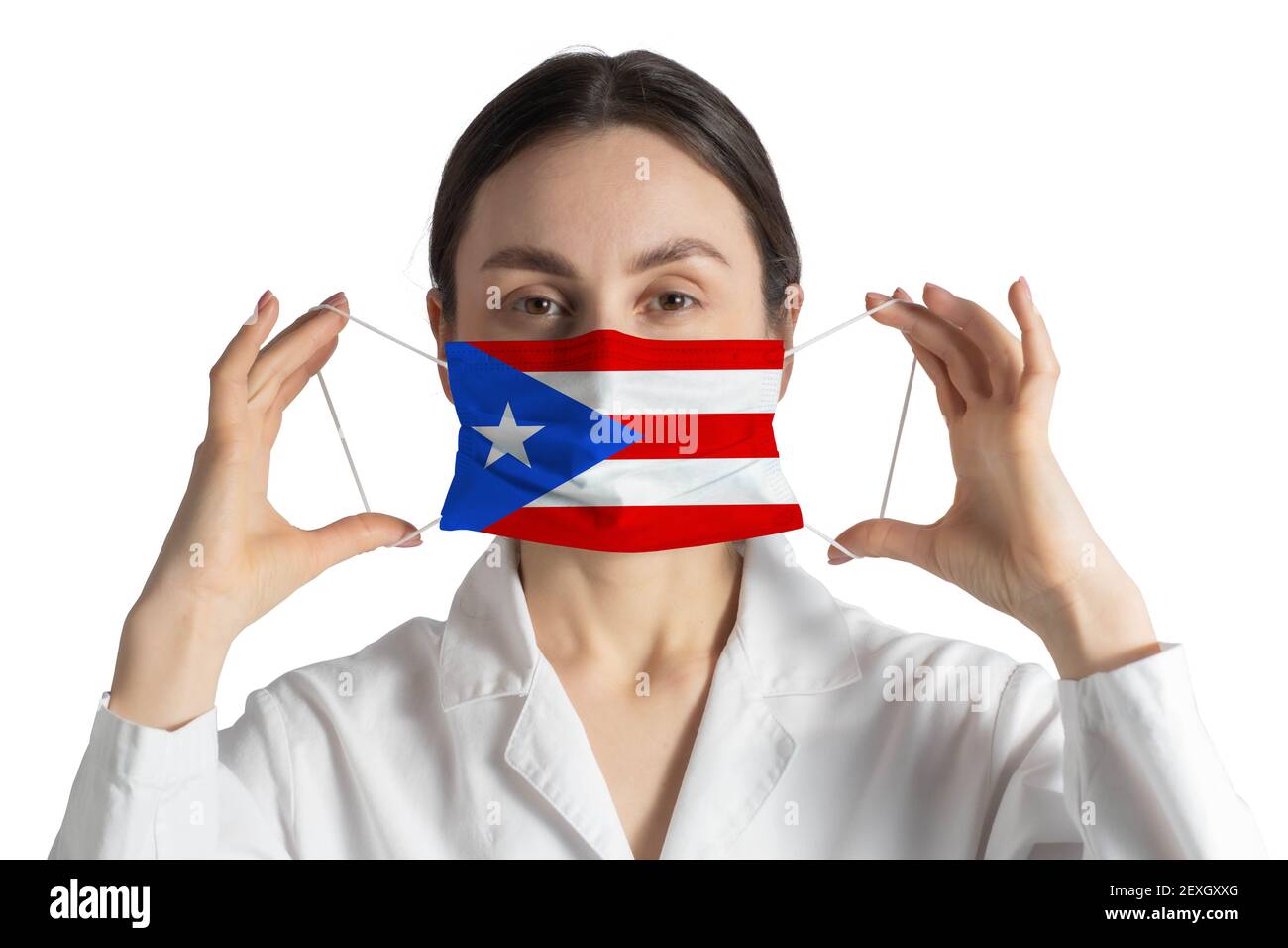 Respirator with flag of Puerto Rico Doctor puts on medical face mask ...