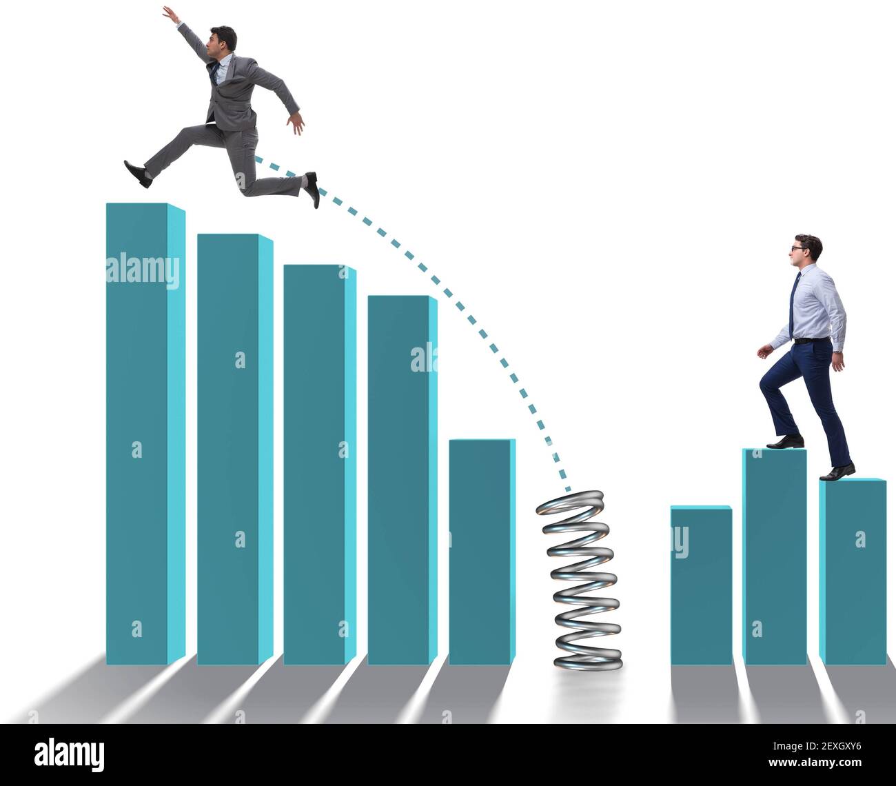 The business people jumping over bar charts Stock Photo - Alamy