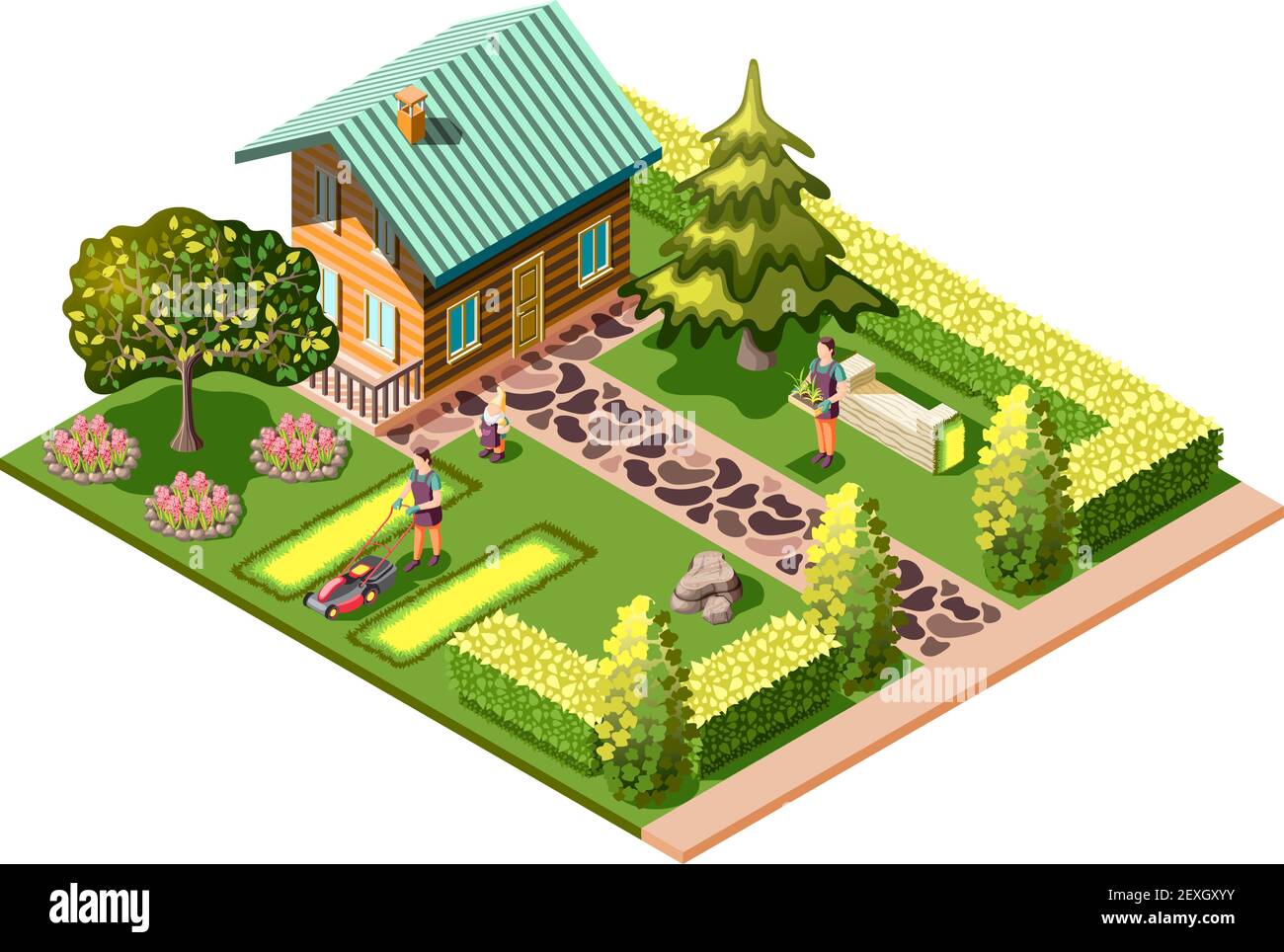 Landscaping isometric composition with residential house and ...