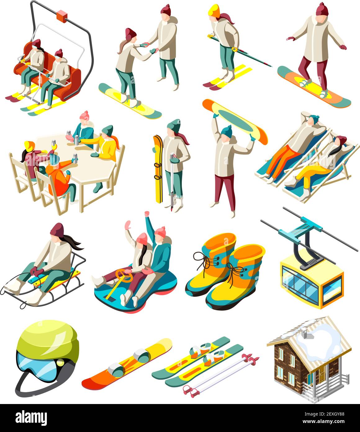 Ski resort elements set of isometric icons with skiers and snowboarders ...