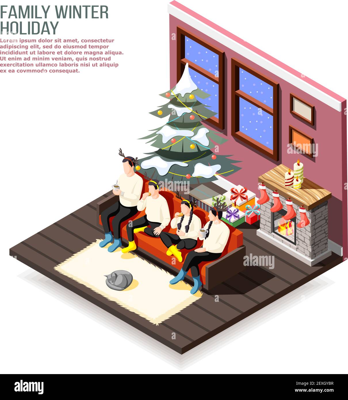 Family christmas holiday isometric composition with parents and kids on ...