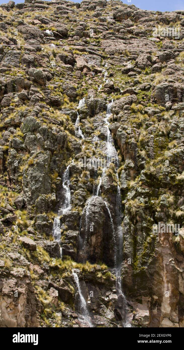 top of Waterfall on hill side on the Andes mountain Range, Peru Stock ...