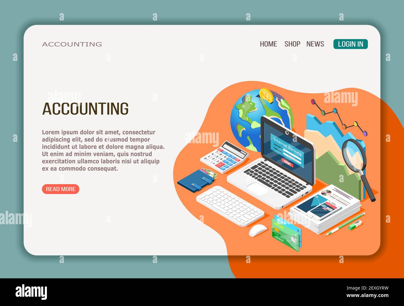 Accounting isometric web page with economy analysis internet banking ...