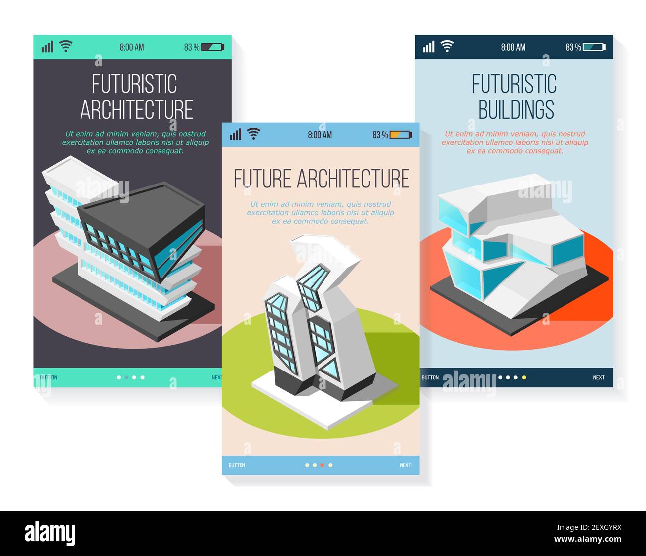 Isometric futuristic architecture buildings of future of various shape ...