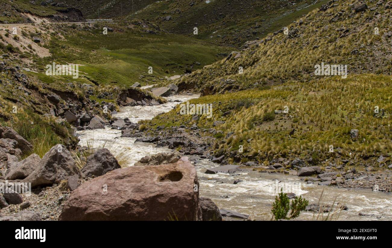 Stream in andean valley in andes mountains, pampas galeras Peru Stock ...