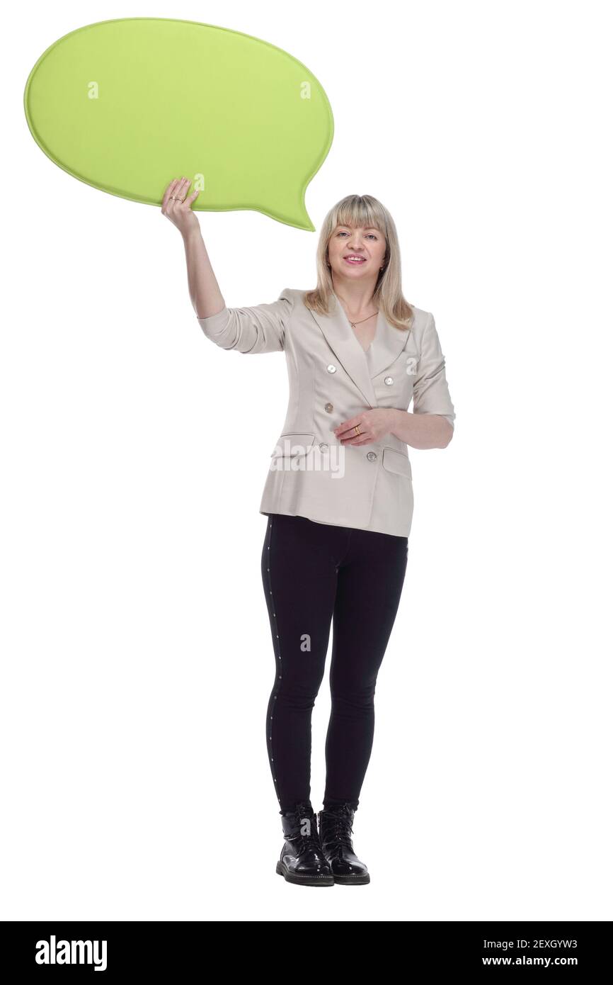 female customer with a speech bubble . isolated on a white background ...