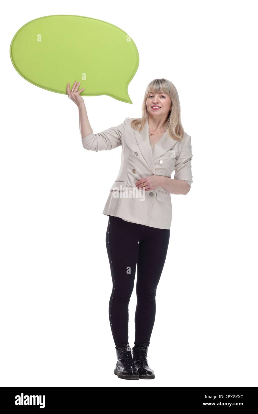 female customer with a speech bubble . isolated on a white background ...