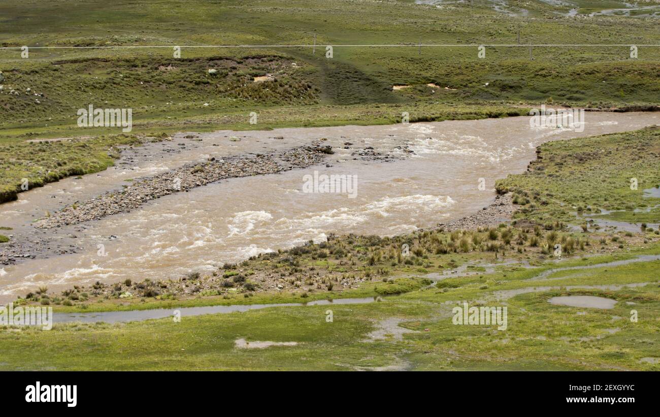 River in andean valley in andes mountains, pampas galeras Peru Stock ...