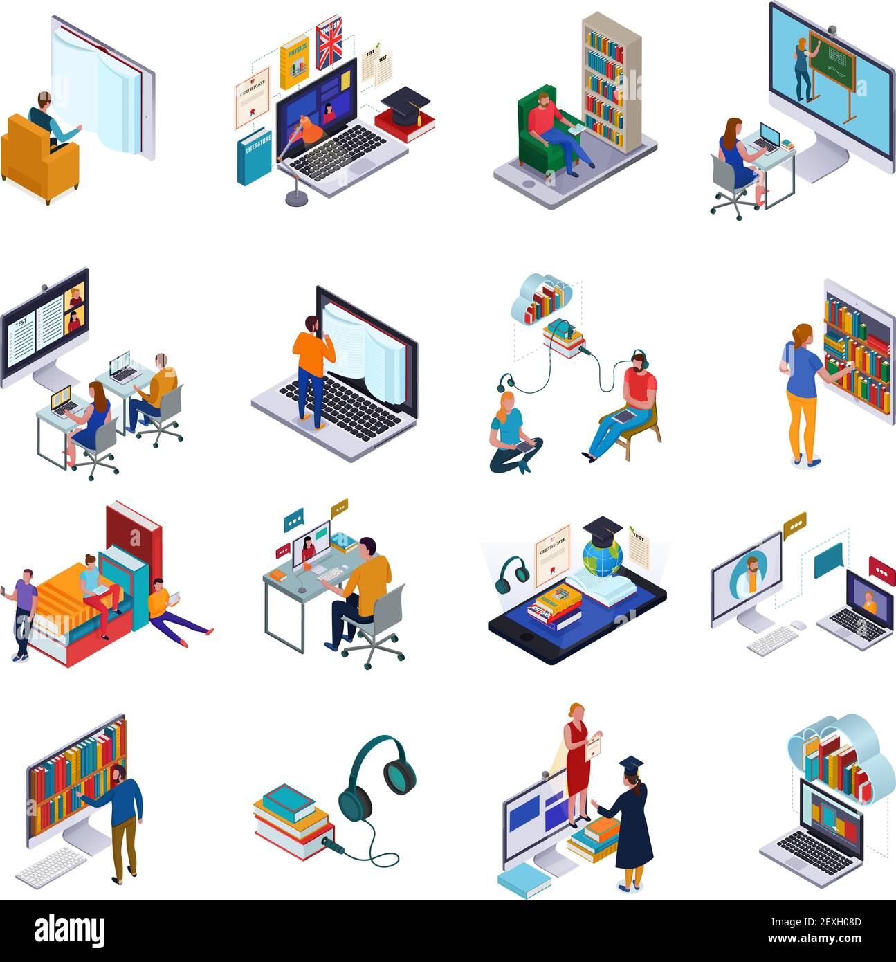Isometric icons set with people and various devices for reading and ...