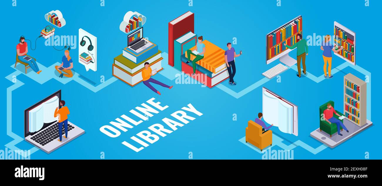 People using online library horizontal isometric concept on blue ...