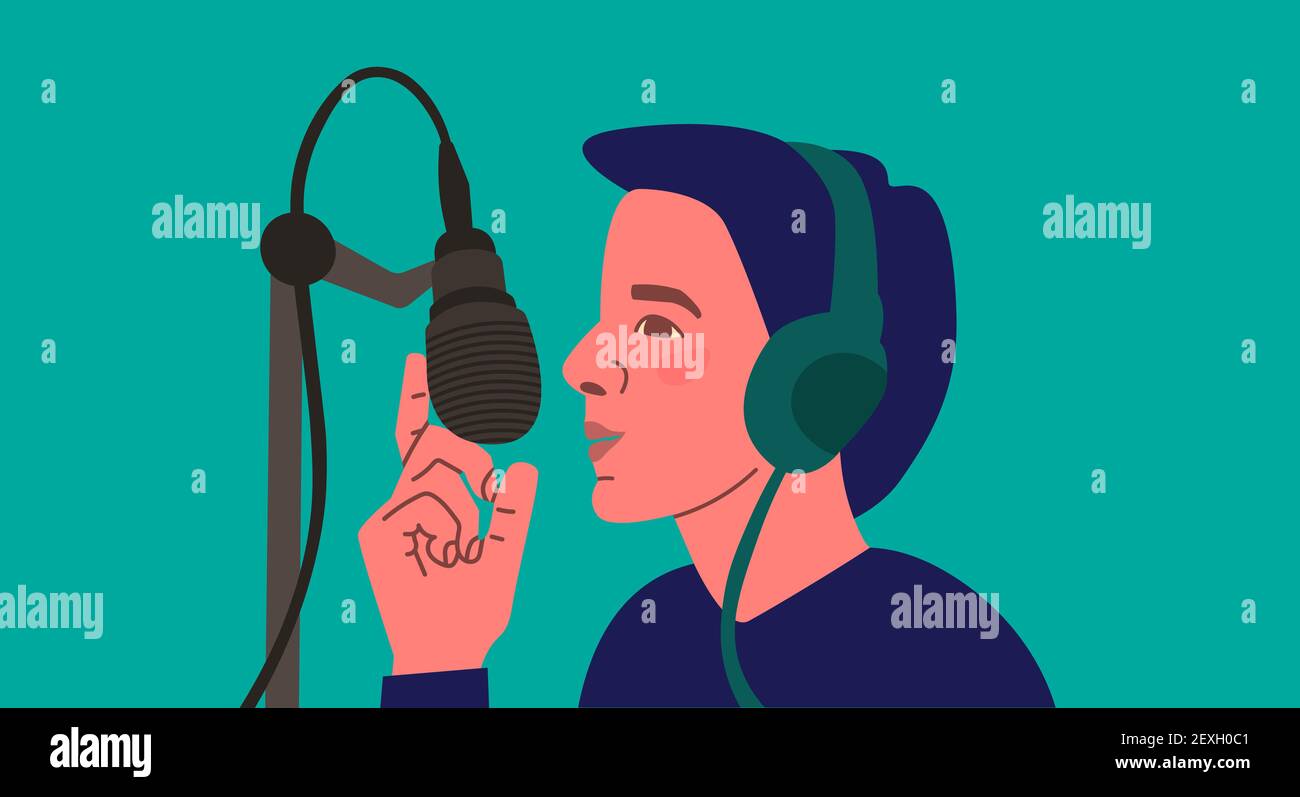 A man or a young guy with a microphone, wearing headphones. Vector flat ...