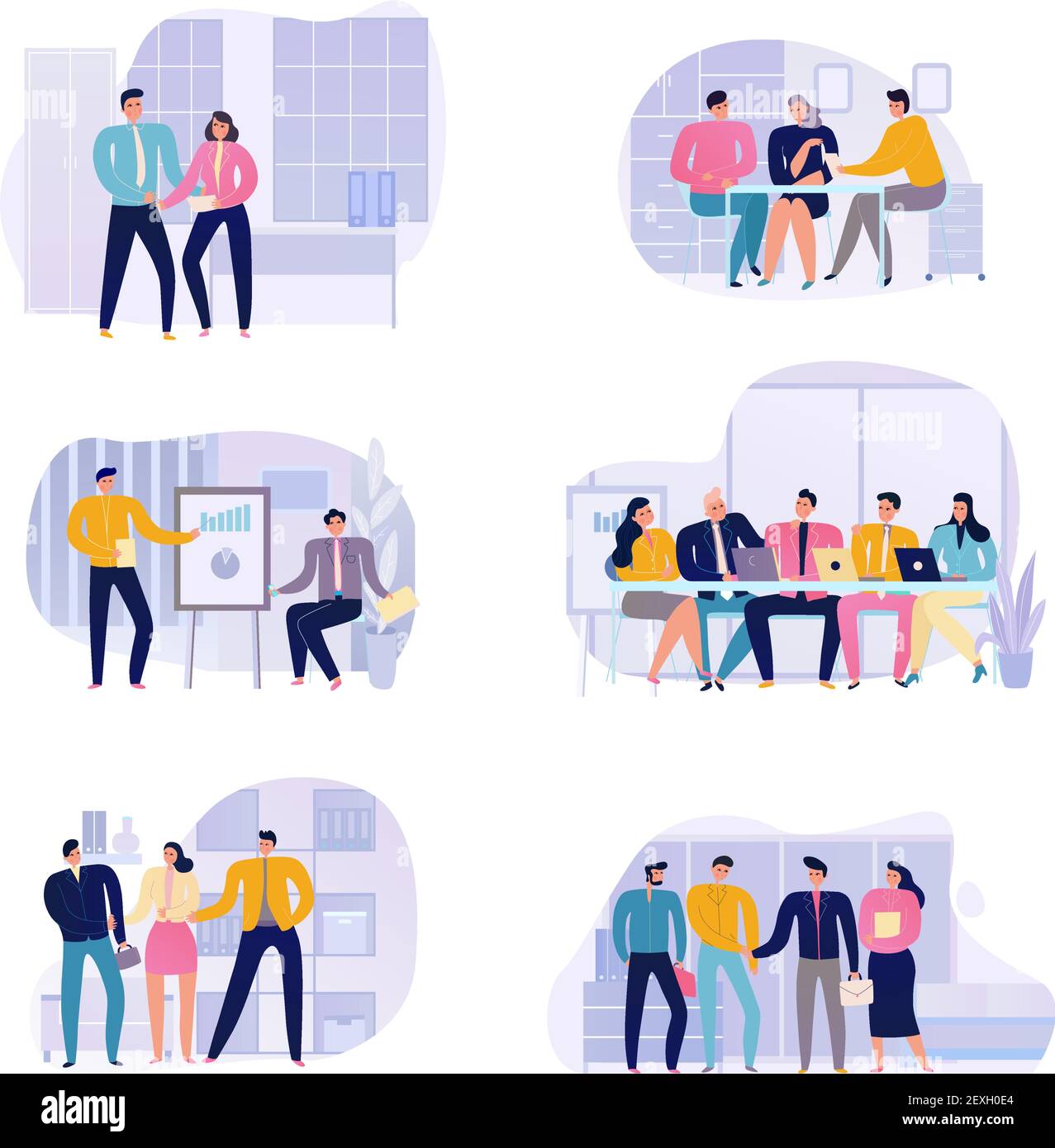 People talking at business meeting flat design icons set isolated on ...