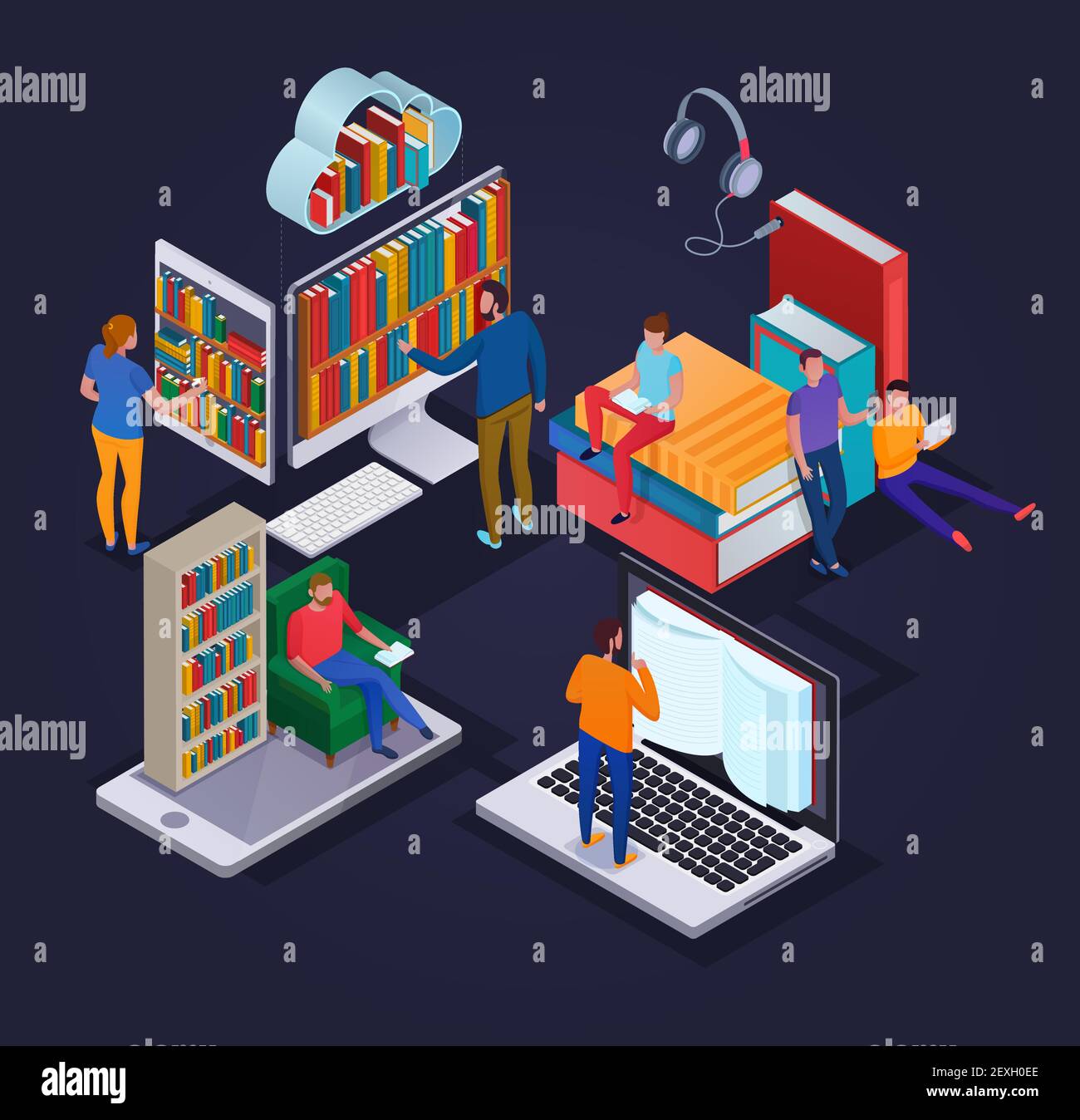 Online library concept with reading people electronic devices and book ...
