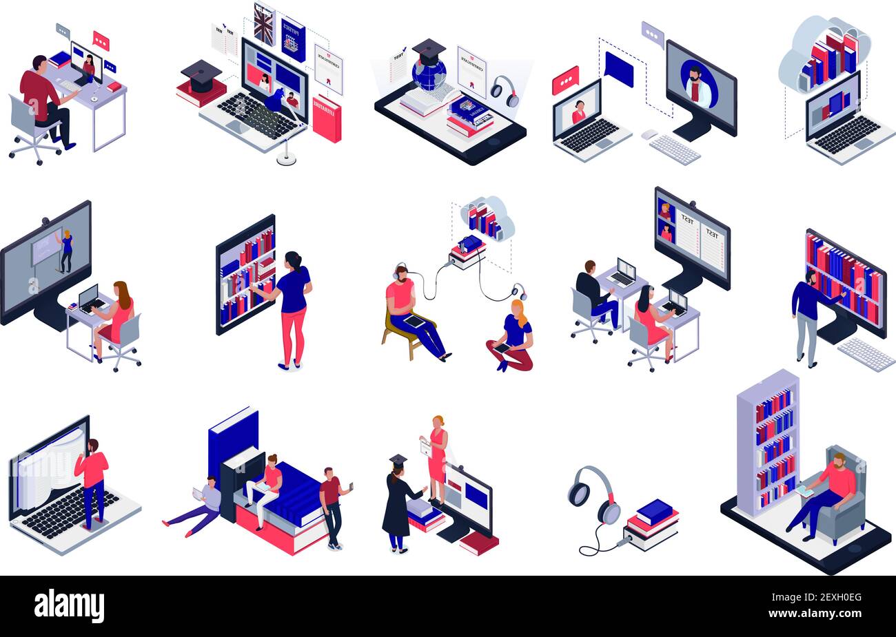 Students studying online using electronic library icons set isolated on ...