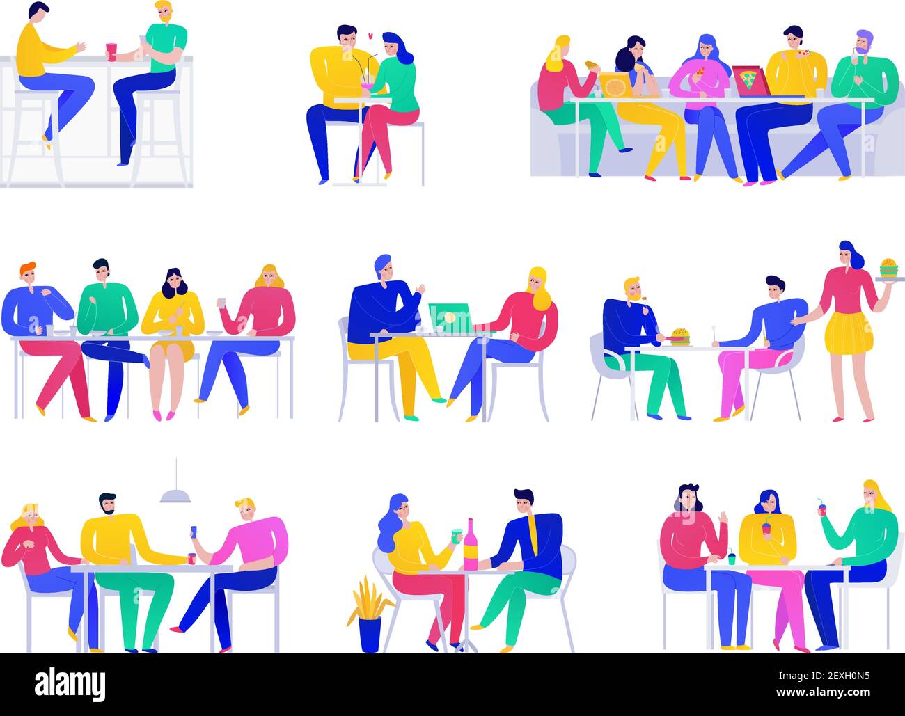 Flat set of colorful icons with people eating out in pizzeria isolated ...