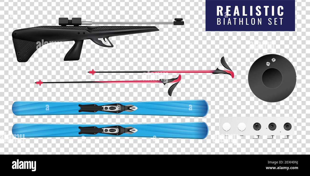 Colored realistic biathlon transparent horizontal icon set with ski gun ...