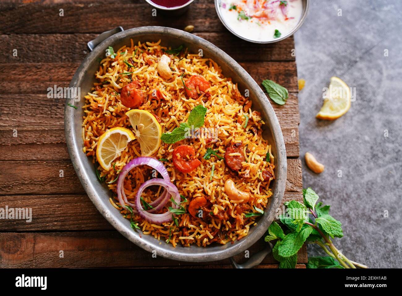 Homemade Prawn Shrimp biryani served with Yogurt Raita and beet pickle ...