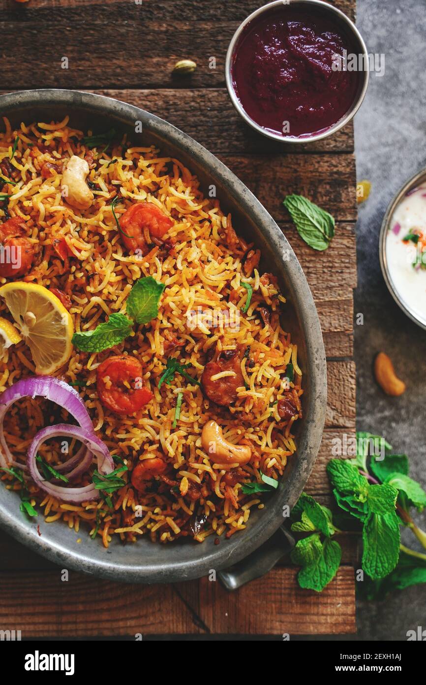 Homemade Prawn Shrimp biryani served with Yogurt Raita and beet pickle ...