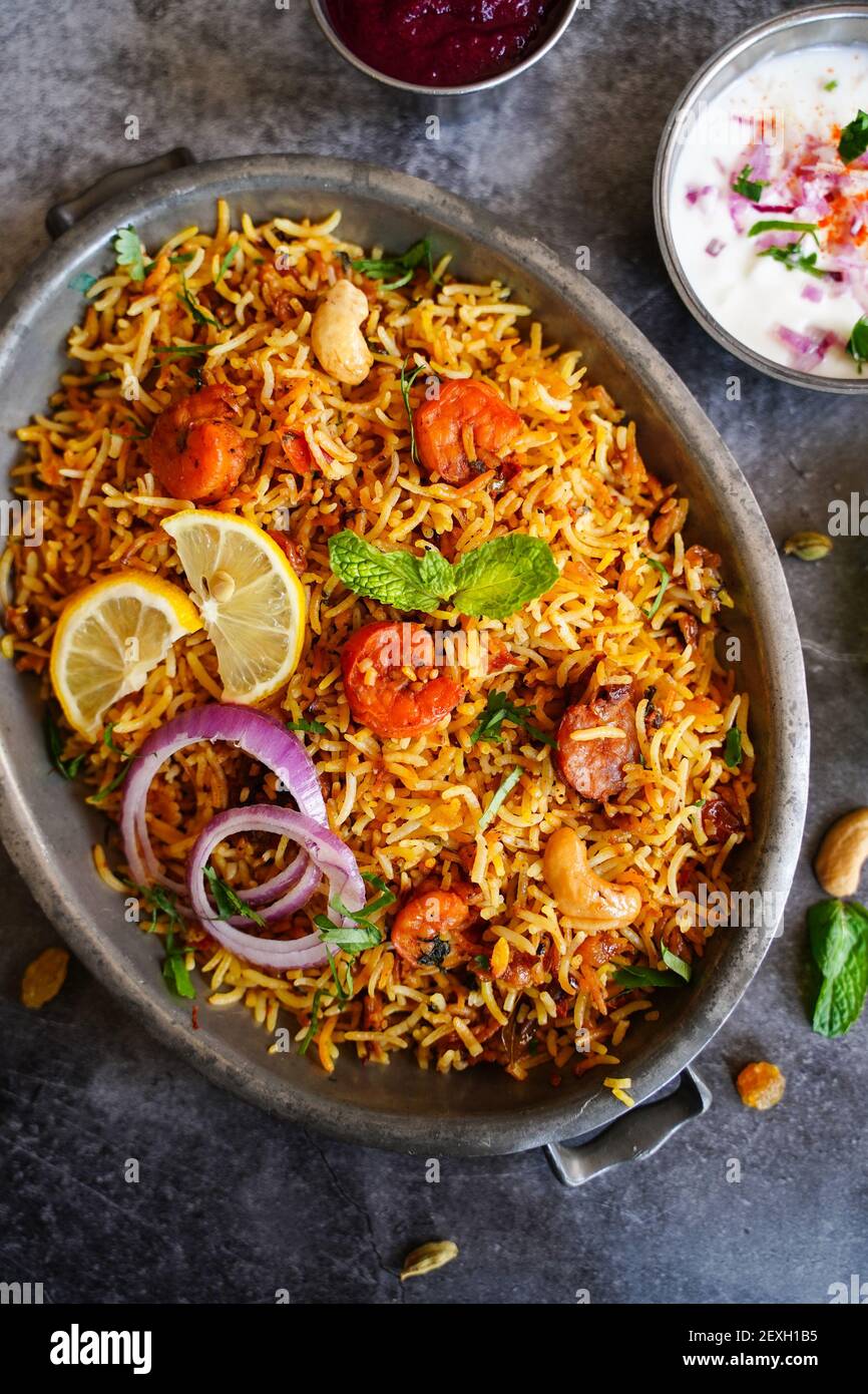 Homemade Prawn Shrimp biryani served with Yogurt Raita and beet pickle ...