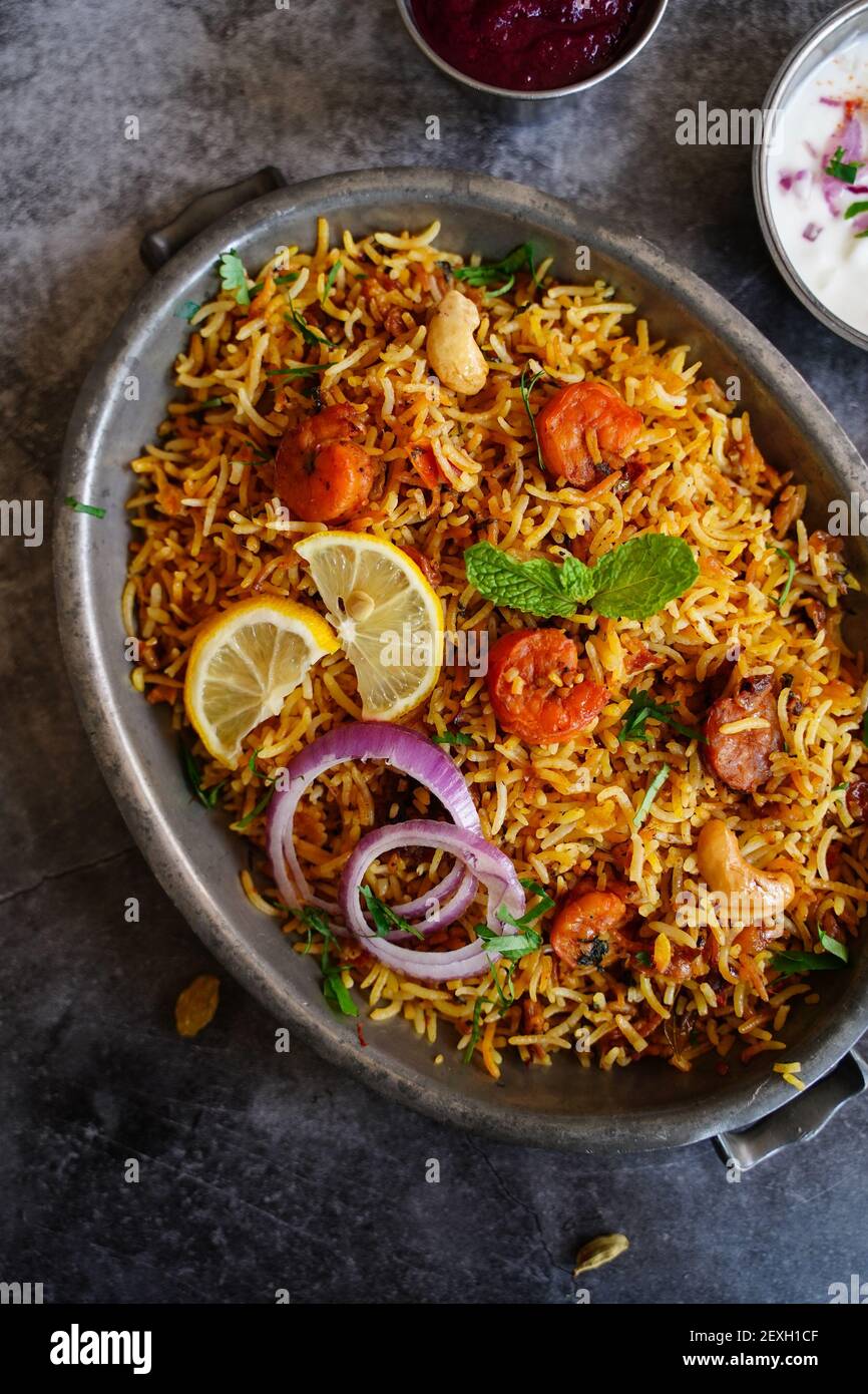 Homemade Prawn Shrimp biryani served with Yogurt Raita and beet pickle ...