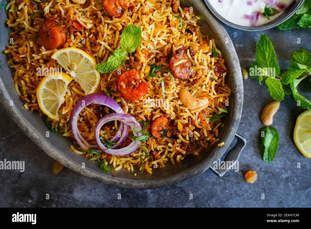 Homemade Prawn Shrimp biryani served with Yogurt Raita and beet pickle ...