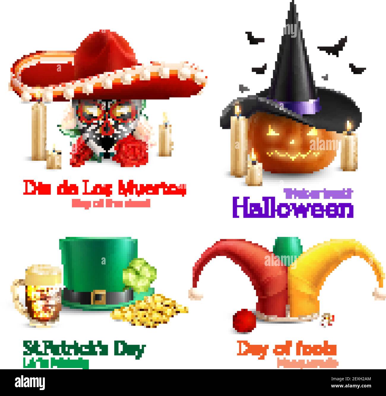 Masquerade hats 2x2 design concept with day of the dead day of fools ...