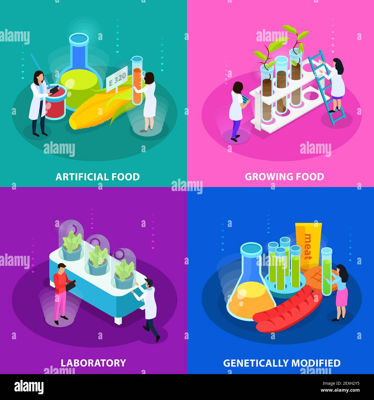Artificial foods isometric design concept with growing vegetables in laboratory and genetically ...