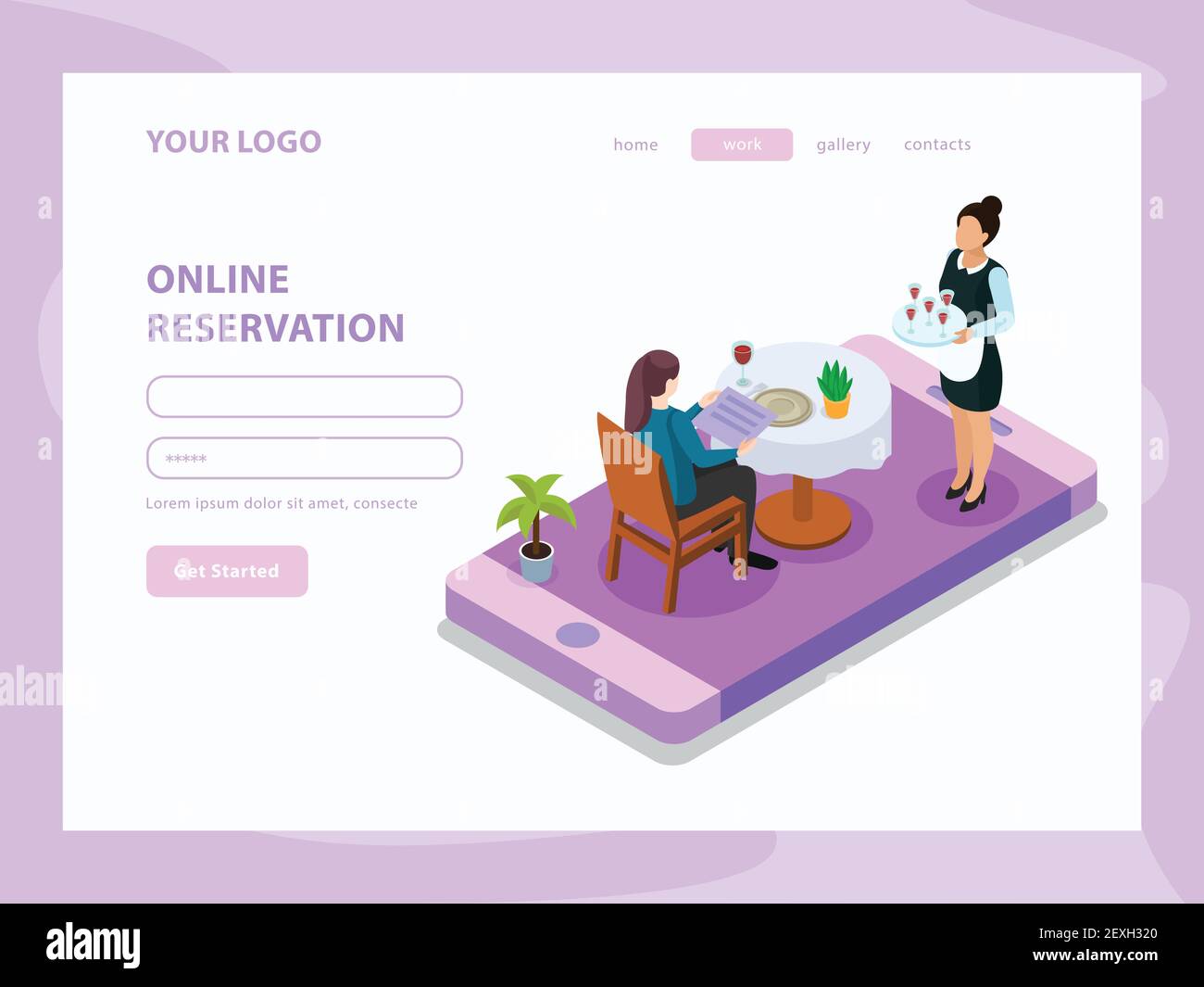 Online reservation waiter and customer at table on mobile device screen ...