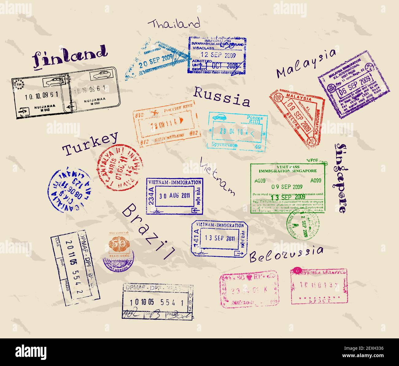 Real visa stamps from 9 countries Stock Photo - Alamy