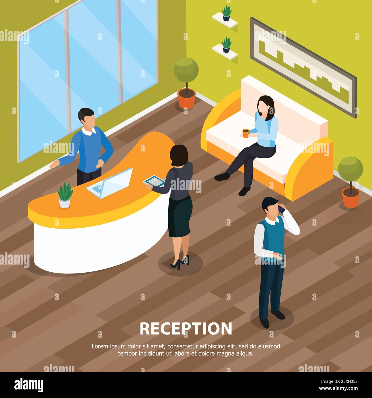 Office staff at reception isometric background with interior elements ...
