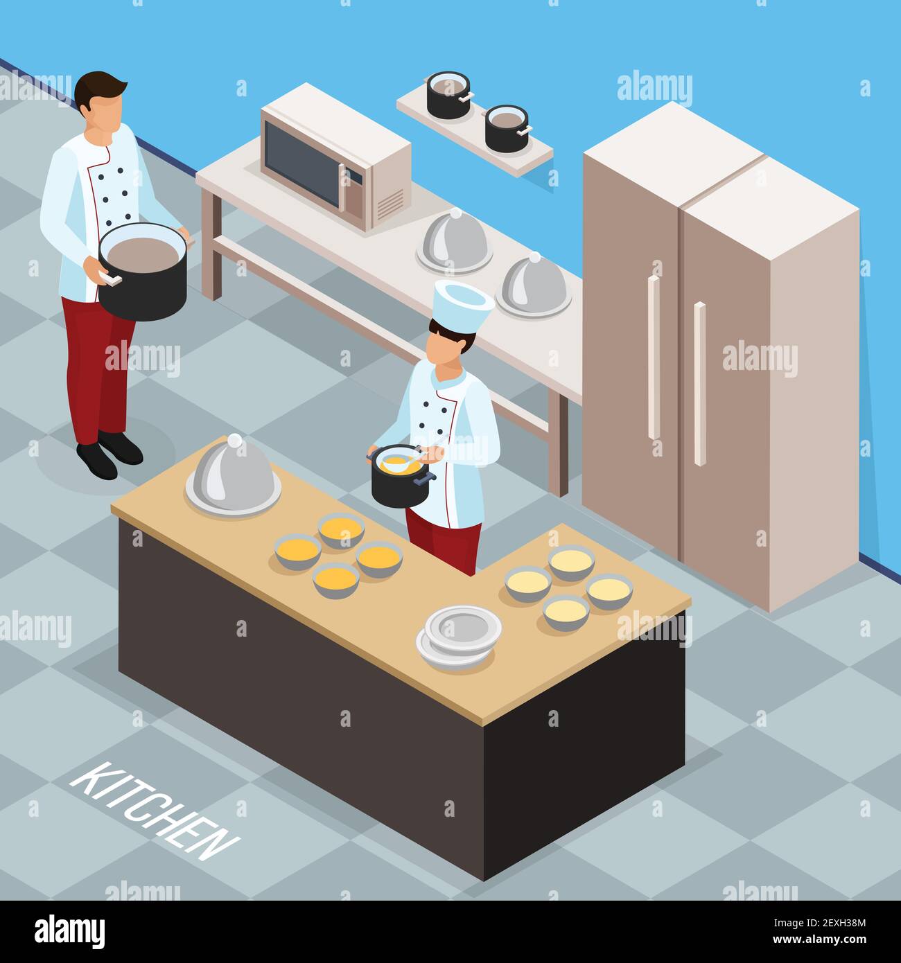 Profession of chef isometric composition with cookery staff during food ...