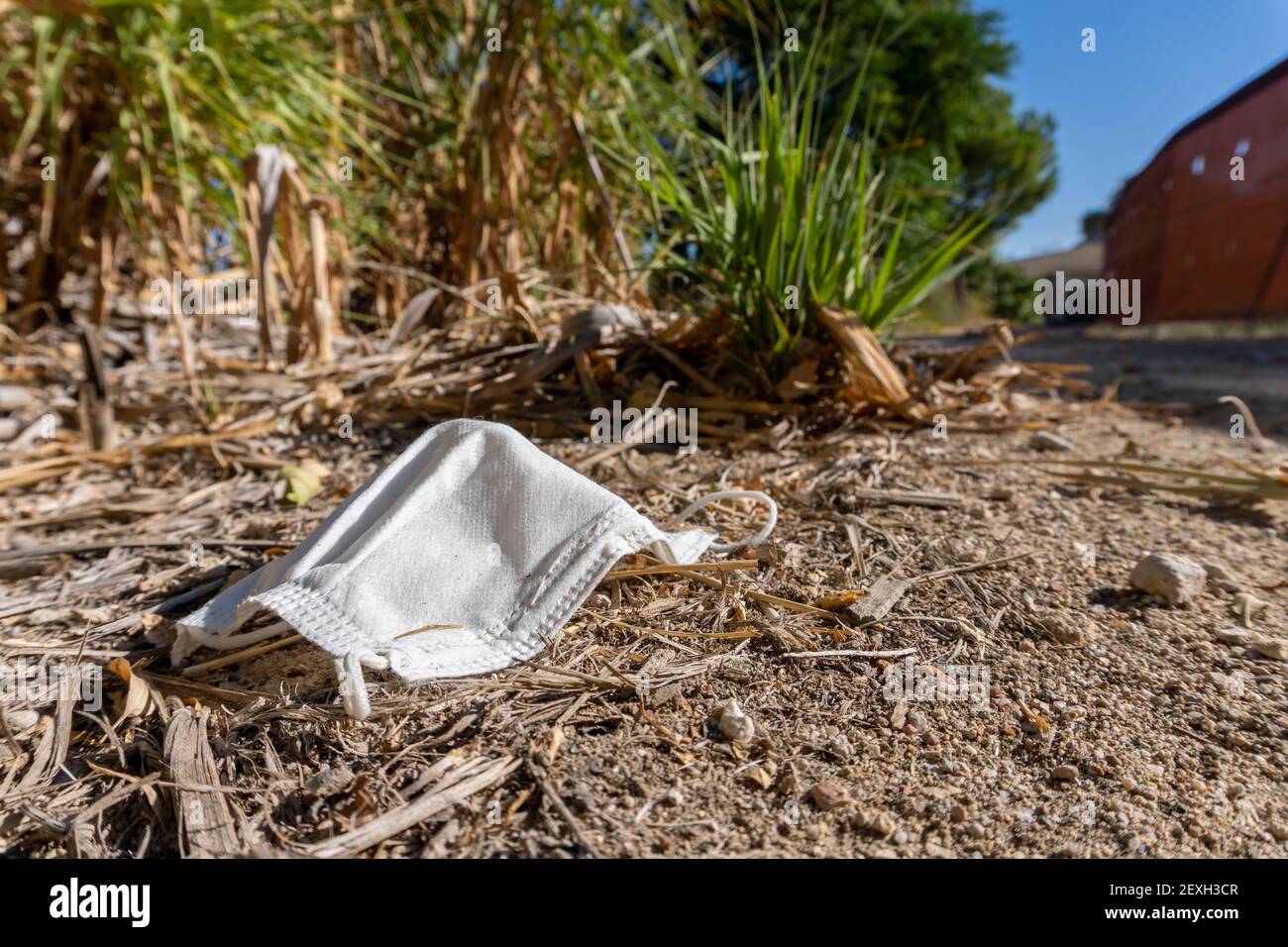 Stock photo of disposable face mask thrown in the floor. Pollution ...