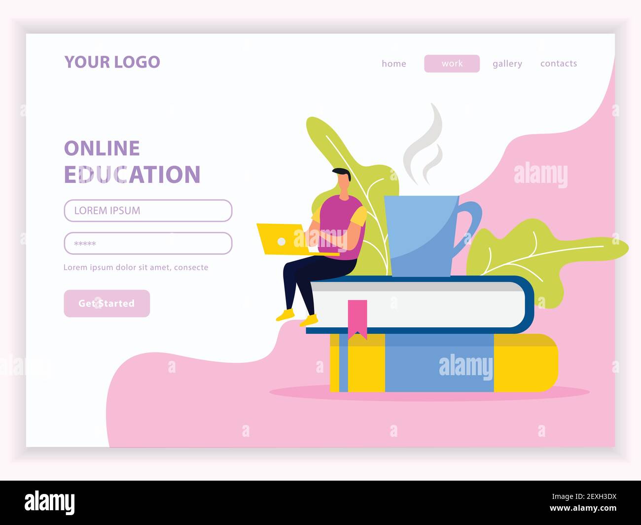Library and online education flat web landing page with user account on ...