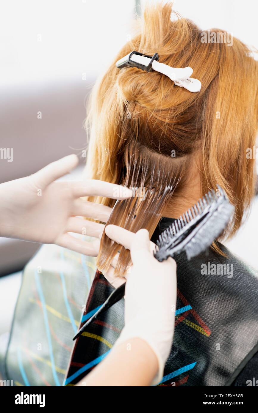 Back view of a female hairdresser doing a hairstyle for a redhead in a ...