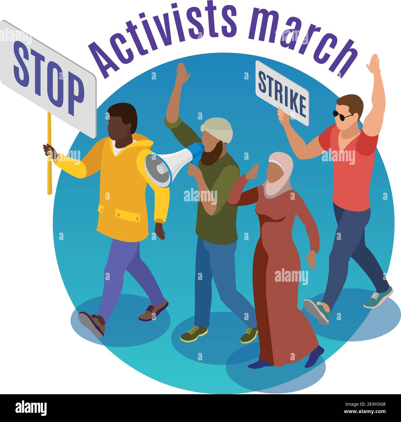 Activists march round design concept with group of of protesters ...