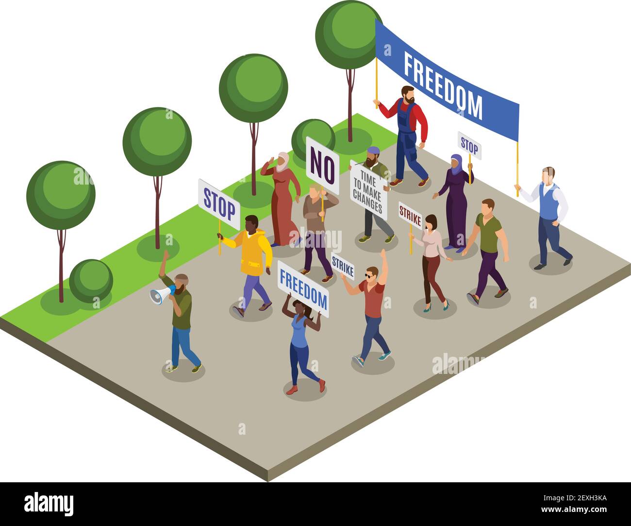 Activists isometric composition with group of people with posters ...