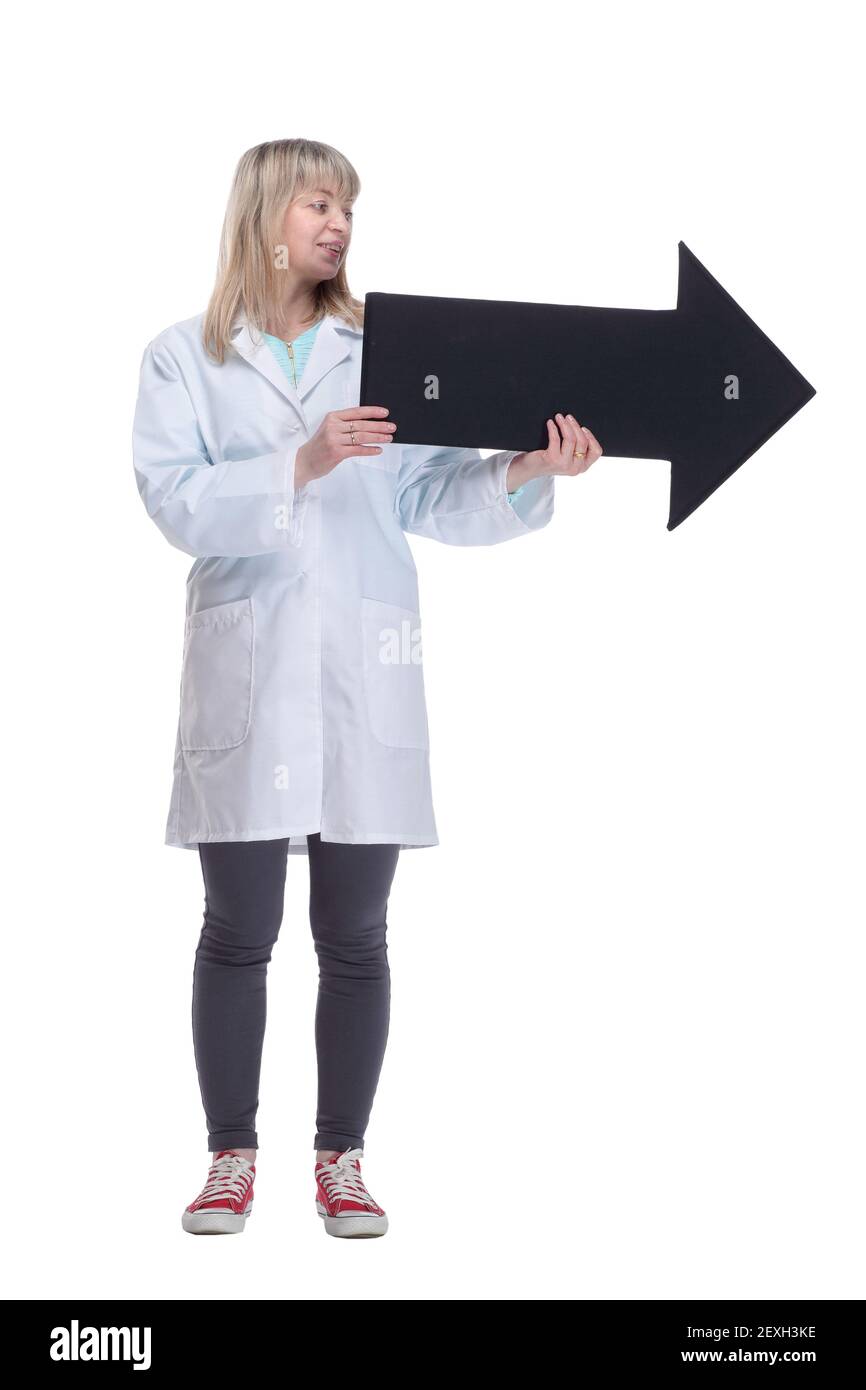 female medic pointing in the right direction. isolated on a white ...