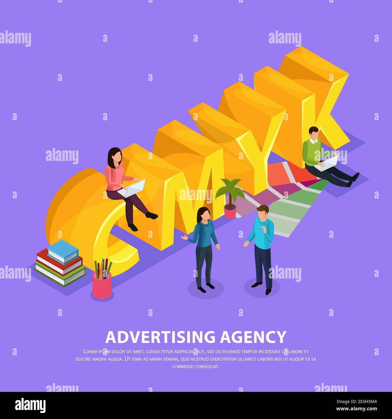 Staff of advertising agency during work near yellow inscription cmyk ...