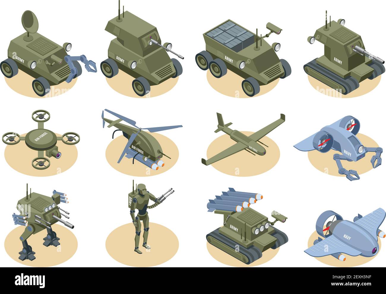 Military robots isometric icons set of underwater robot sapper air drones shooter tanks and ...