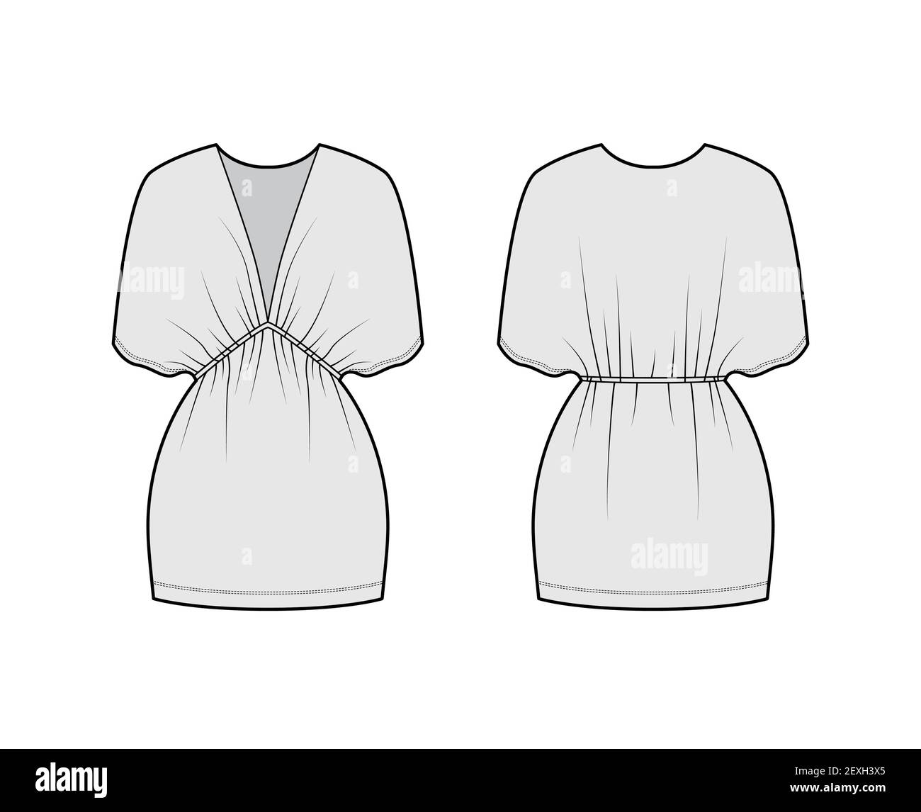 Kaftan dress technical fashion illustration with deep V-neck, batwing ...