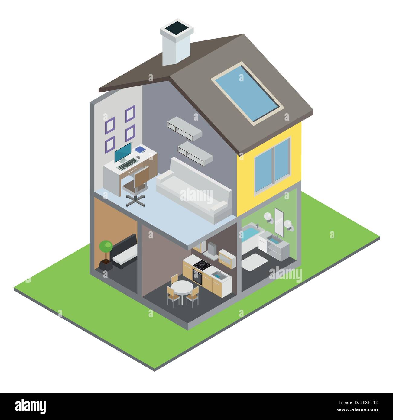 Townhouse building with town house interior and furniture isometric ...