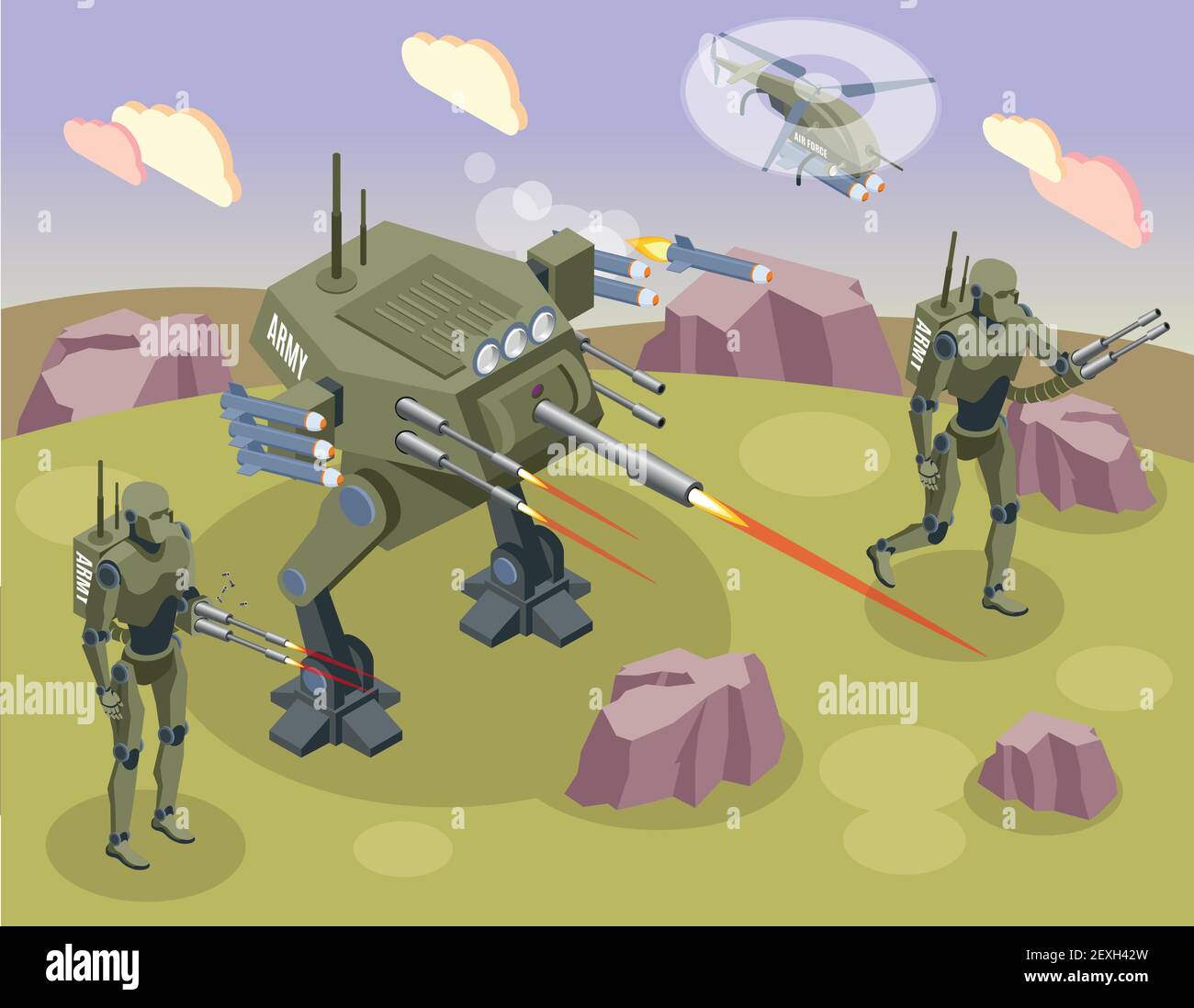 Military robots isometric background with fighting soldiers and ...