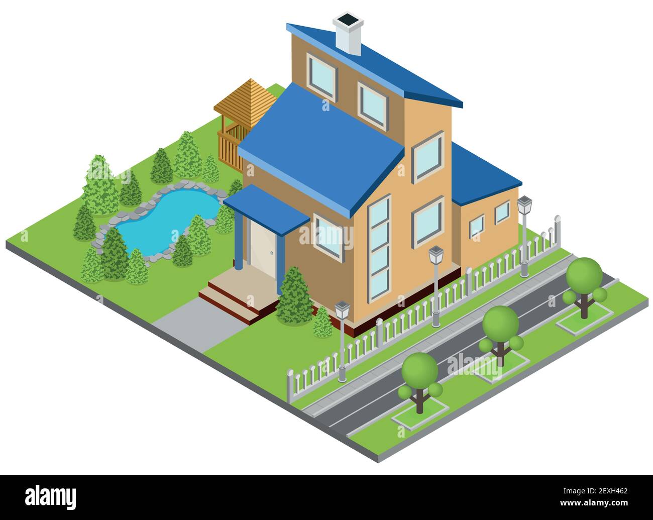 Suburbia building concept with town house swimming pool isometric ...