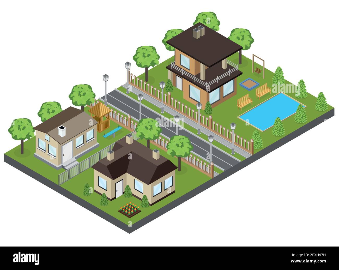 Suburbia area buildings with town houses and cottages isometric vector ...