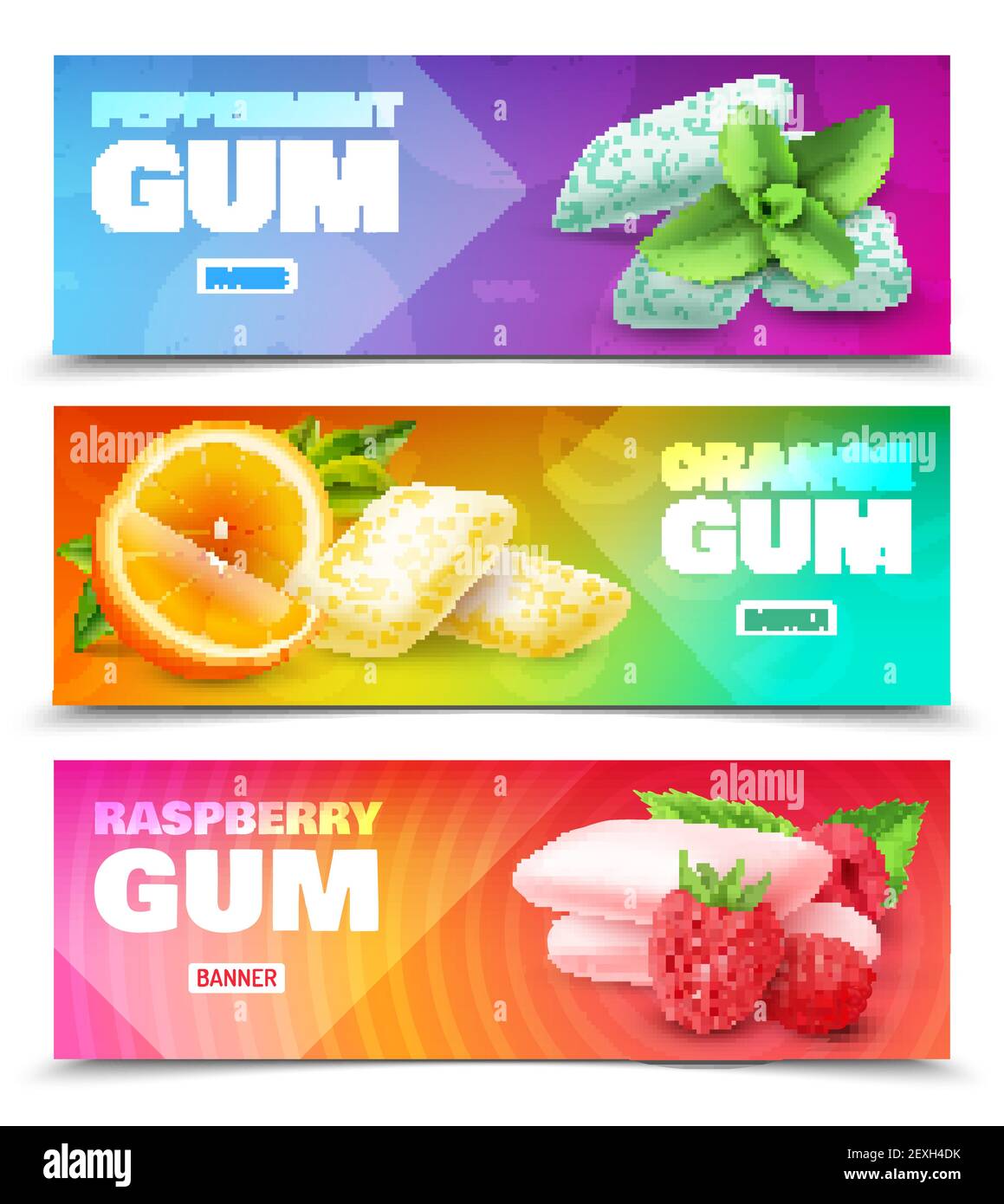 Set of horizontal ad banners realistic chewing gum with various flavor ...