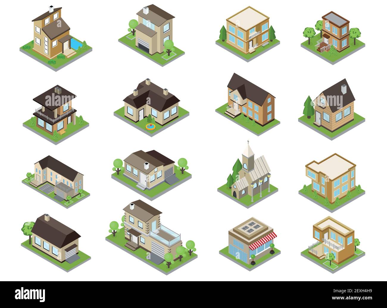 Suburbia buildings icons set with townhouses and church isometric ...