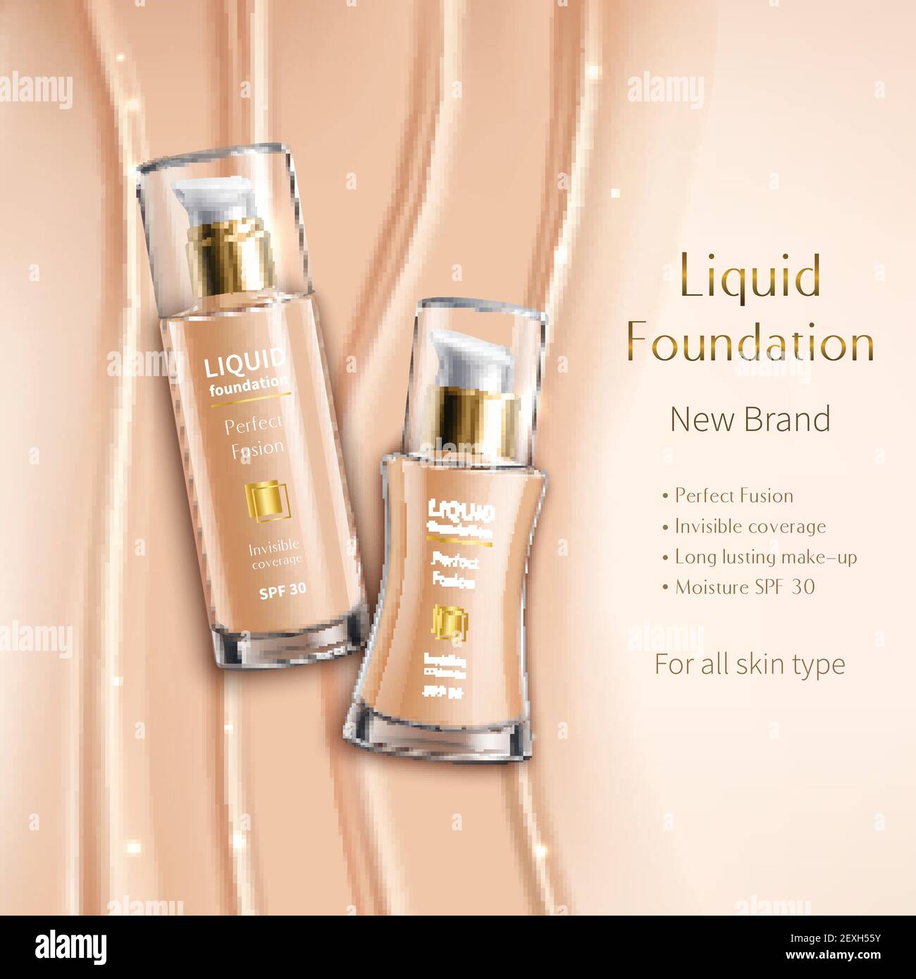Realistic liquid foundation in glass vials advertising composition of ...